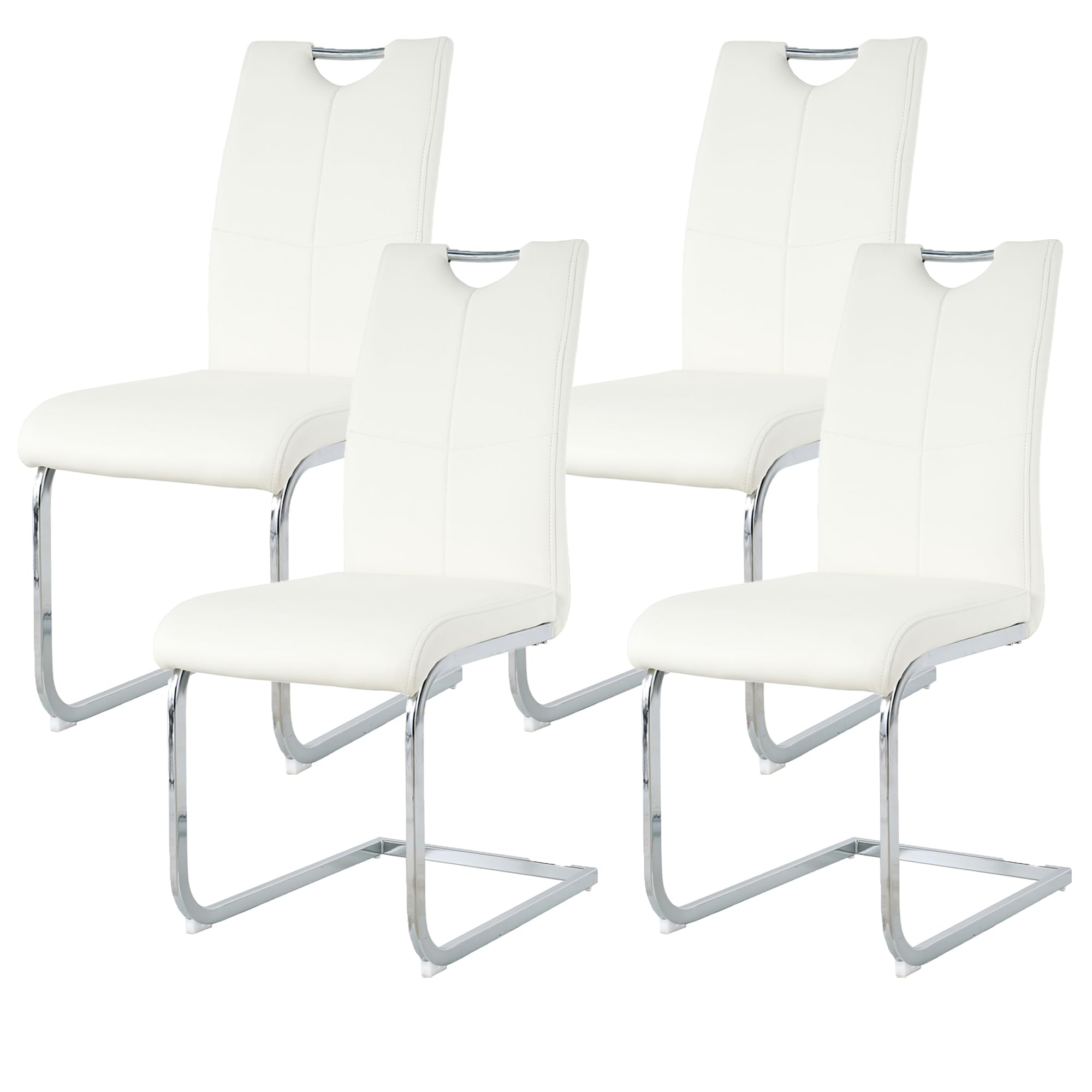Modern Dining Chairs Set of 4 High Back Kitchen Chair with Stainless Legs 4 Piece PU Leather Chairs with Padded Seat for Dining Room Living Room Restaurant White