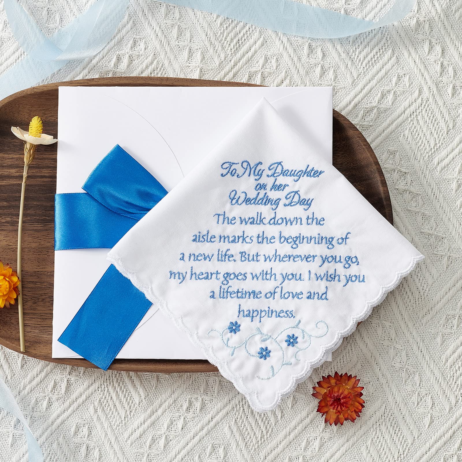 Wedding Handkerchief to My Daughter on Her Wedding Day Something Blue Bride Gift Embroidered Handkerchief (Style A)