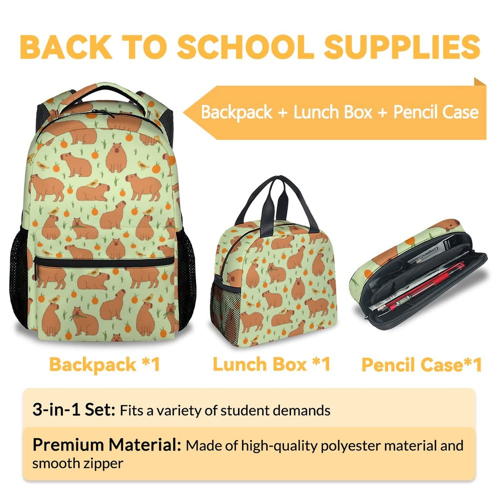 PAKKITOP Capybara Backpack with Lunch Box and Pencil Case Set, 3 in 1 Matching Kids Girls Boys Green Backpacks Combo, Cute School Bookbag and Pencil Case Bundle