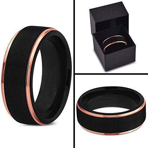 Midnight Rose Collection Tungsten Wedding Band Ring 8mm for Men Women 18k Rose Gold Plated Step Edge Black Brushed Polished Size 9