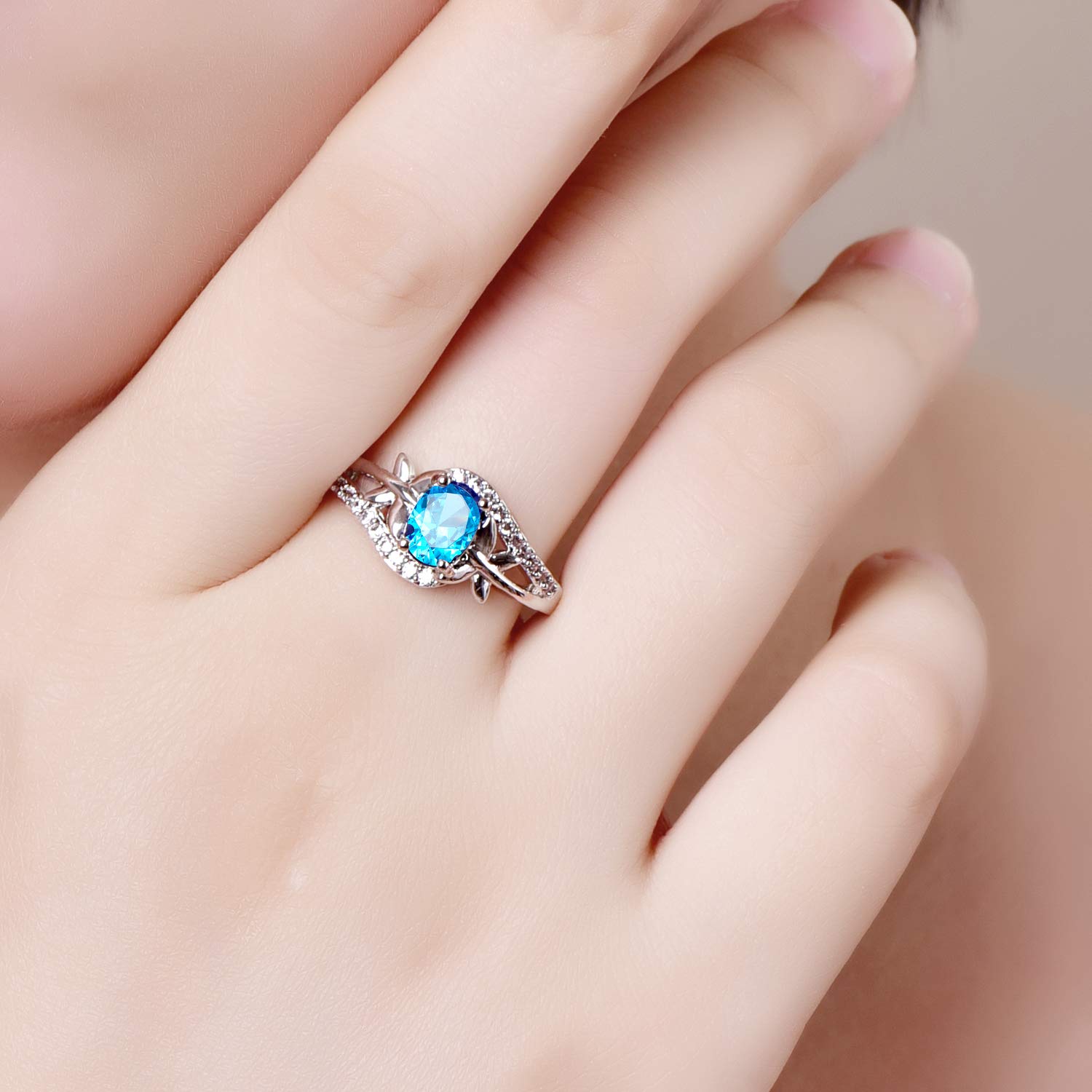 Narica Silver Plated Oval Cut Created Blue Topaz CZ Cubic Zirconia Filled Eternity Halo Cocktail Party Wedding Engagement Statement Band Women's Dragonfly Butterfly Ring for Mom Bridal Lover Gift 9#