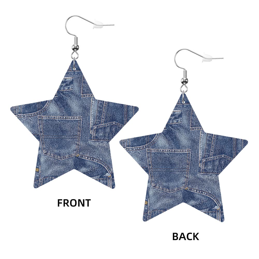 Swono Denim Patchwork Pattern Leather Earrings Indigo Irregular Patchy Wrinkle Jeans Star Faux Leather Earring Lightweight Dangle Drop Earrings for Women Girls