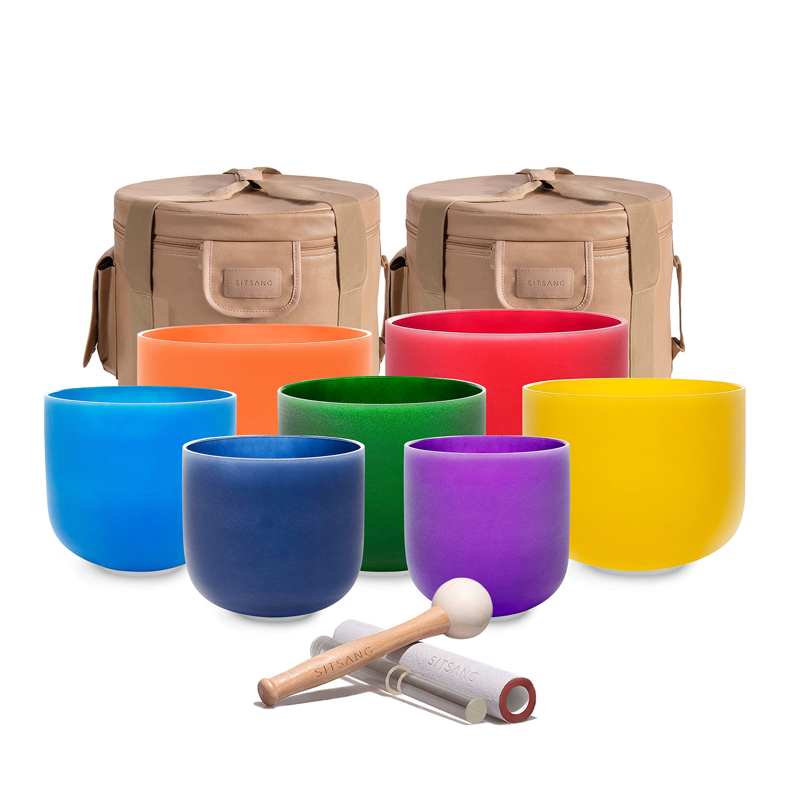 SITSANG Chakra Set of 7 Color Crystal Singing Bowls 6-12 inch with Artificial Leather Carrying Cases and Singing Bowl Suede Striker and Rubber Mallet