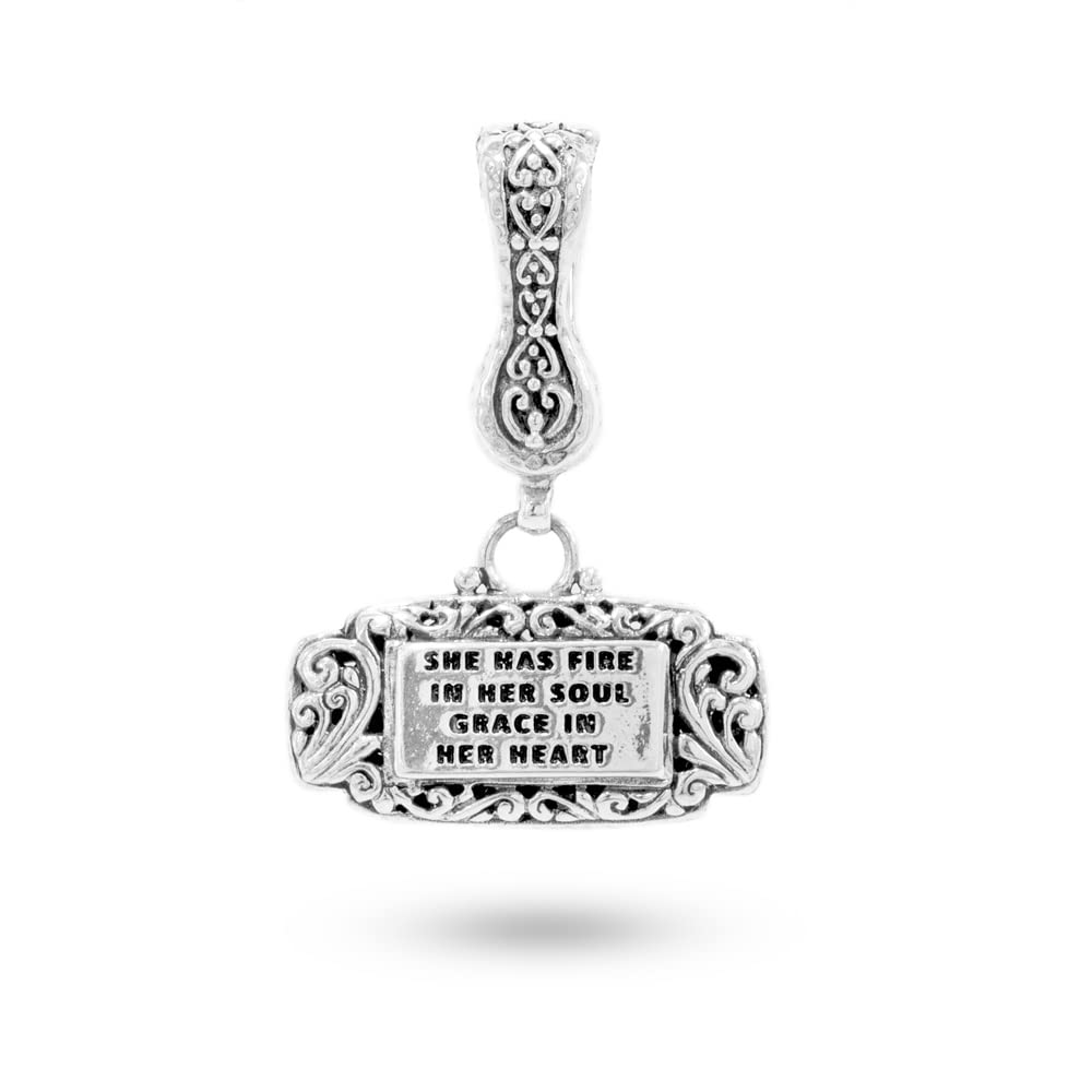 SARDA .925 Sterling Silver 1-5/8" x 1-1/8" "She Has Fire in Her Soul Grace in Her Heart" Filigree Rectangle Enhancer Pendant - Handmade by Bali Artisans