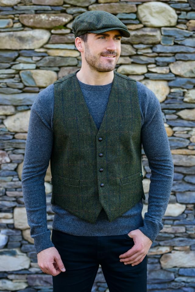 Mucros Weavers Kerry Cap, Irish Hat for Men, Herringbone Wool, Green, Large