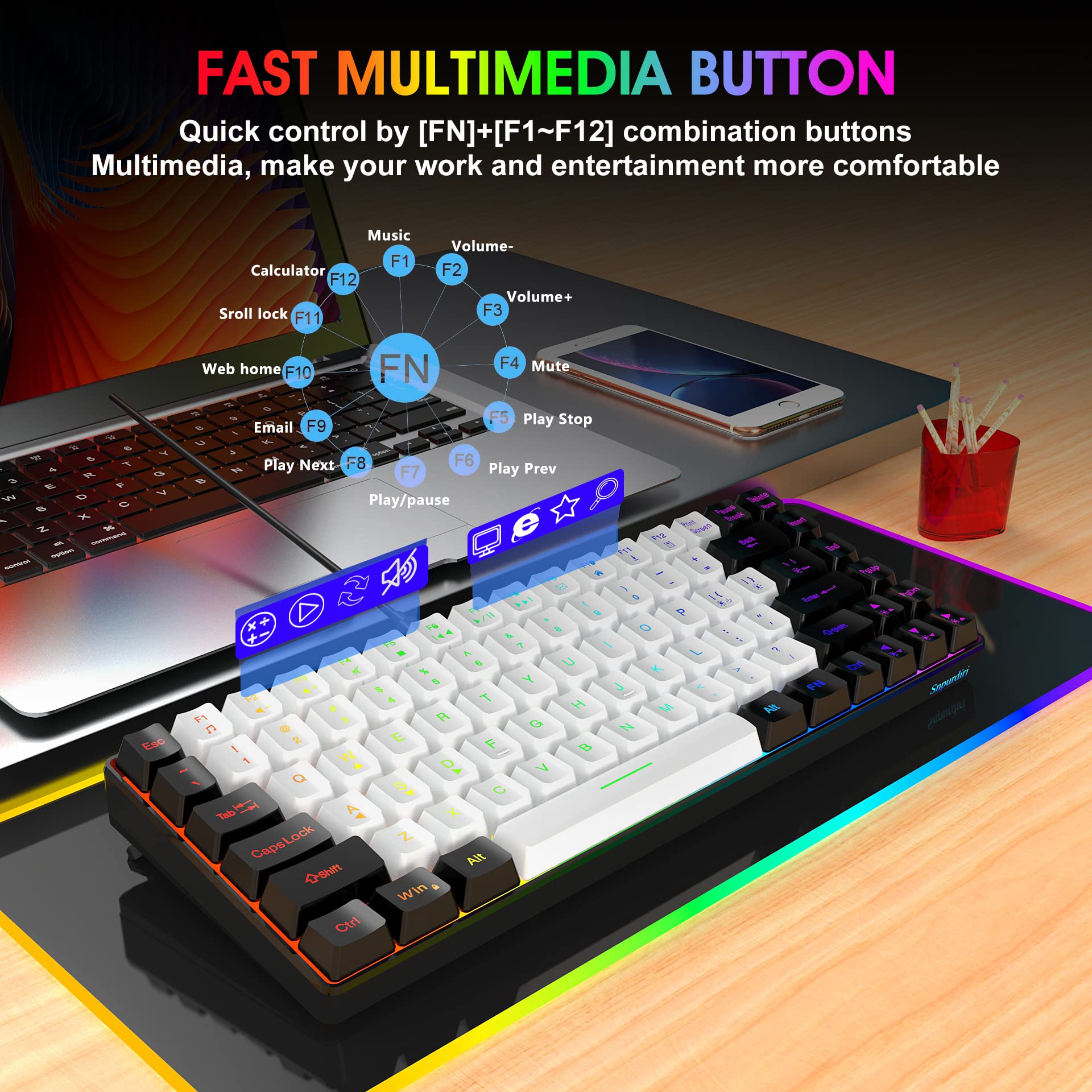 Snpurdiri Wired Gaming Keyboard, Rainbow Backlit Mini Gaming Keyboard, Compact Ergonomic Keyboard for Windows, PC, Laptop, Gaming (84 Keys, Black)