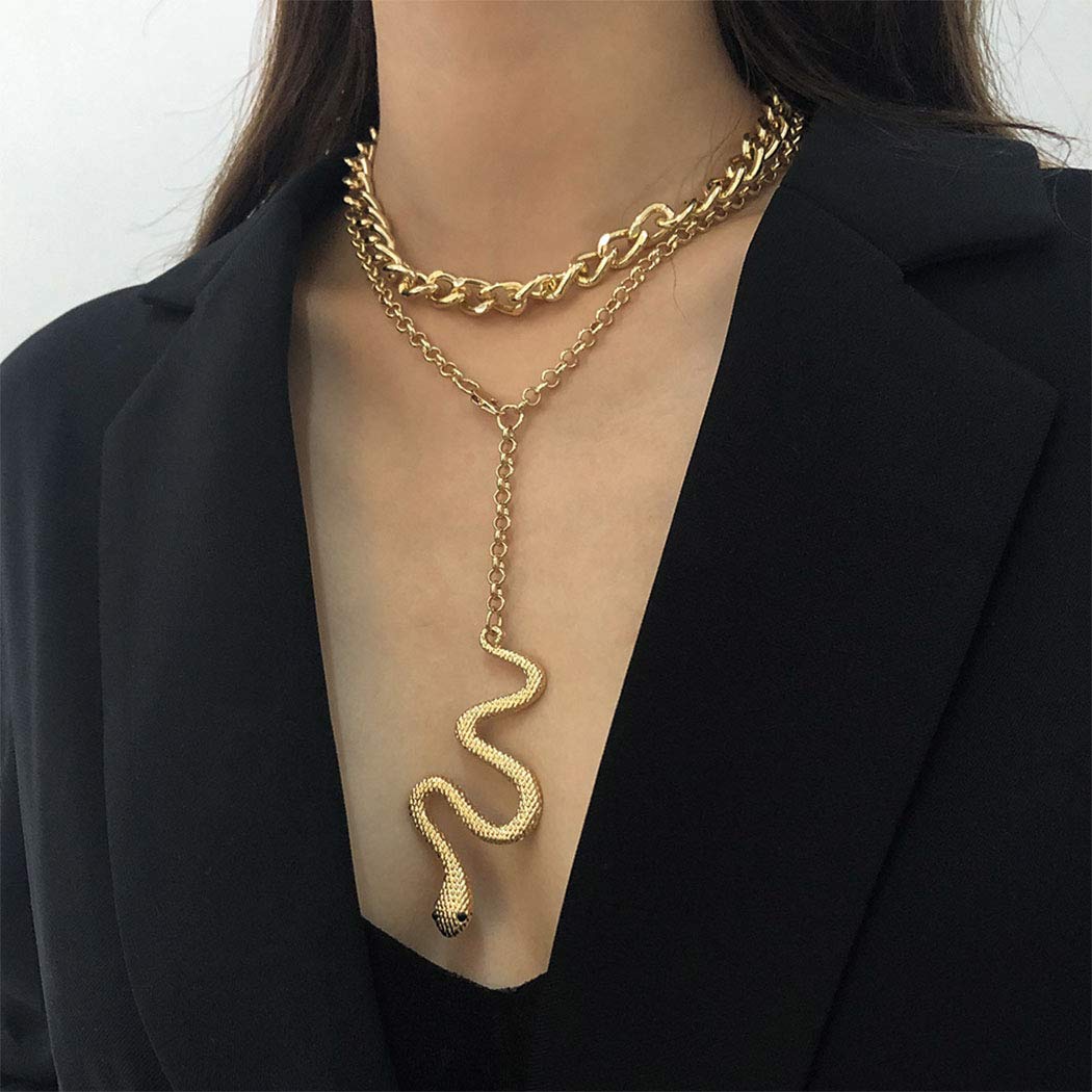 Sixexey Layered Snake Pendant Necklaces Gold Chunky Necklace Chain Jewelry for Women (A-Gold)