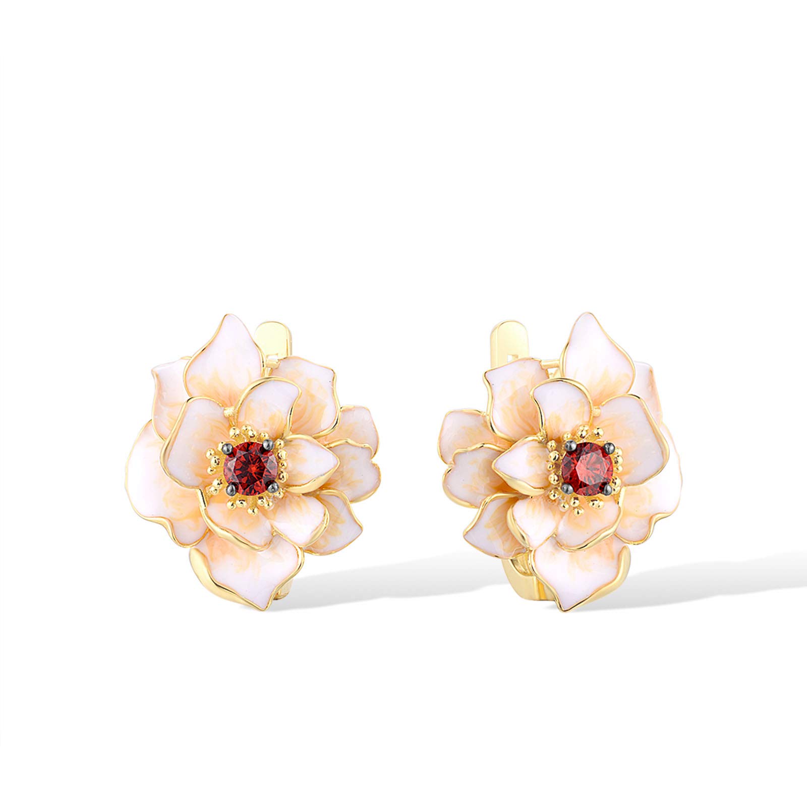 Santuzza Lotus Earrings 925 Sterling Silver Garnet Handmade Enamel White Flower Dangle Earrings for Women