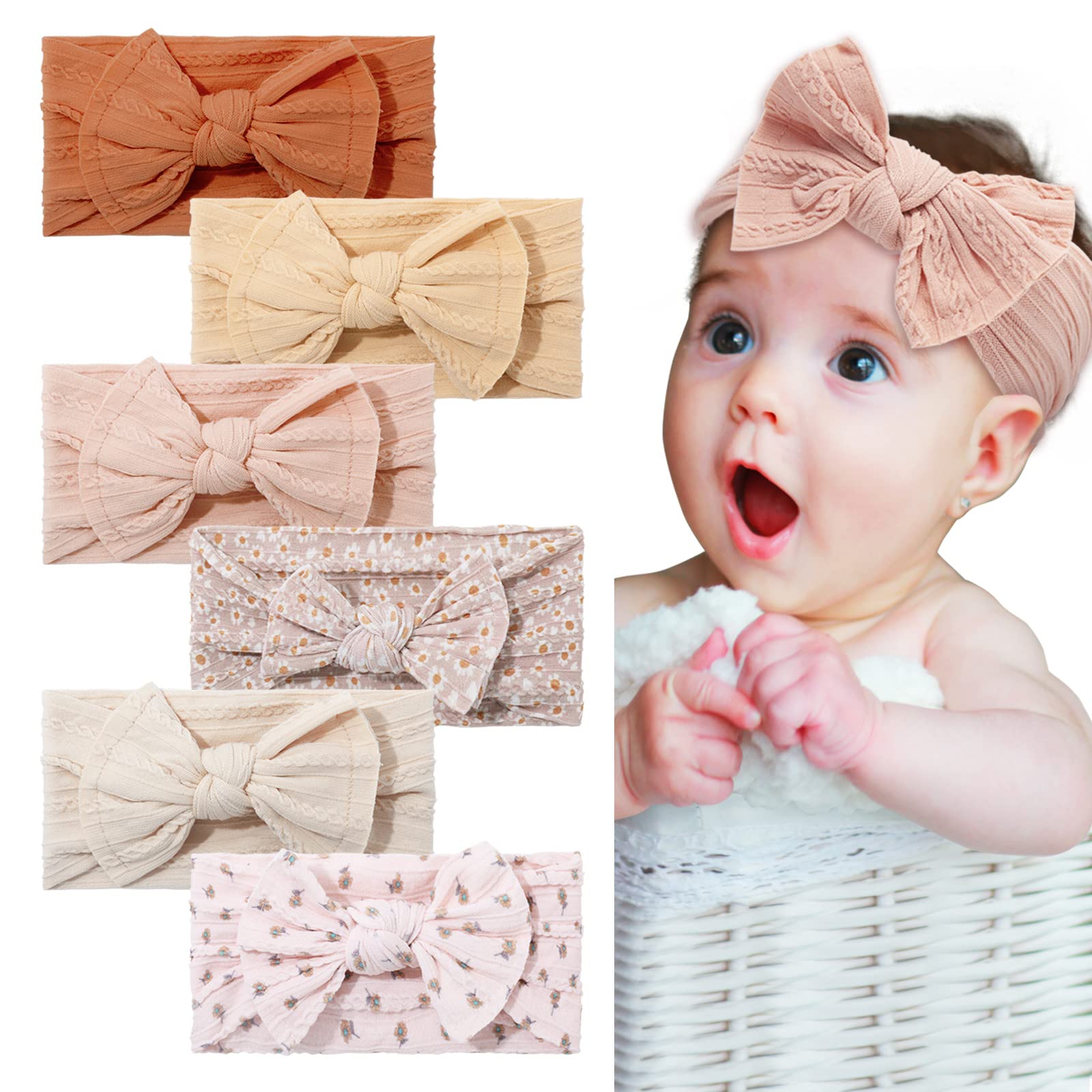 Whaline Baby Girls Boho Floral Elastic Nylon Headbands - Soft Stretchy Head Wraps with Hair Bows for Infant, Toddler, 6Pcs