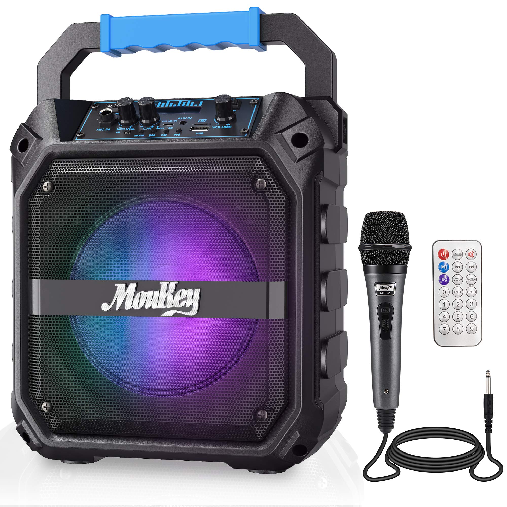 Moukey Portable Karaoke Machine - Bluetooth PA Speaker with Microphone, 6.5'' Stereo Speaker, DJ Lights, FM Radio, Remote Control, Rechargeable, Supports TF Card/USB - MPS2
