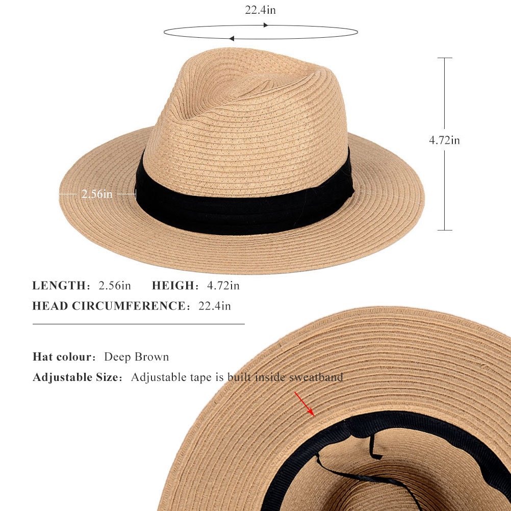 Panama Straw Hats for Women Summer Beach Sun Hat Wide Brim Fedora Cap UPF50+(A02-Brown)