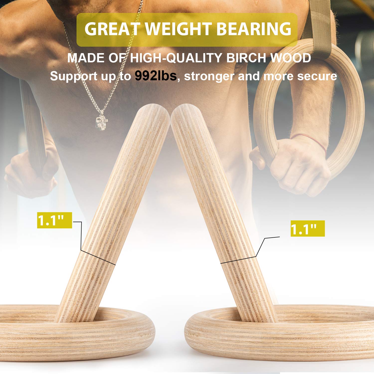 PACEARTH Wood Gymnastics Rings 992lbs for Home Gym Body Workout Non-Slip (Rings Only)