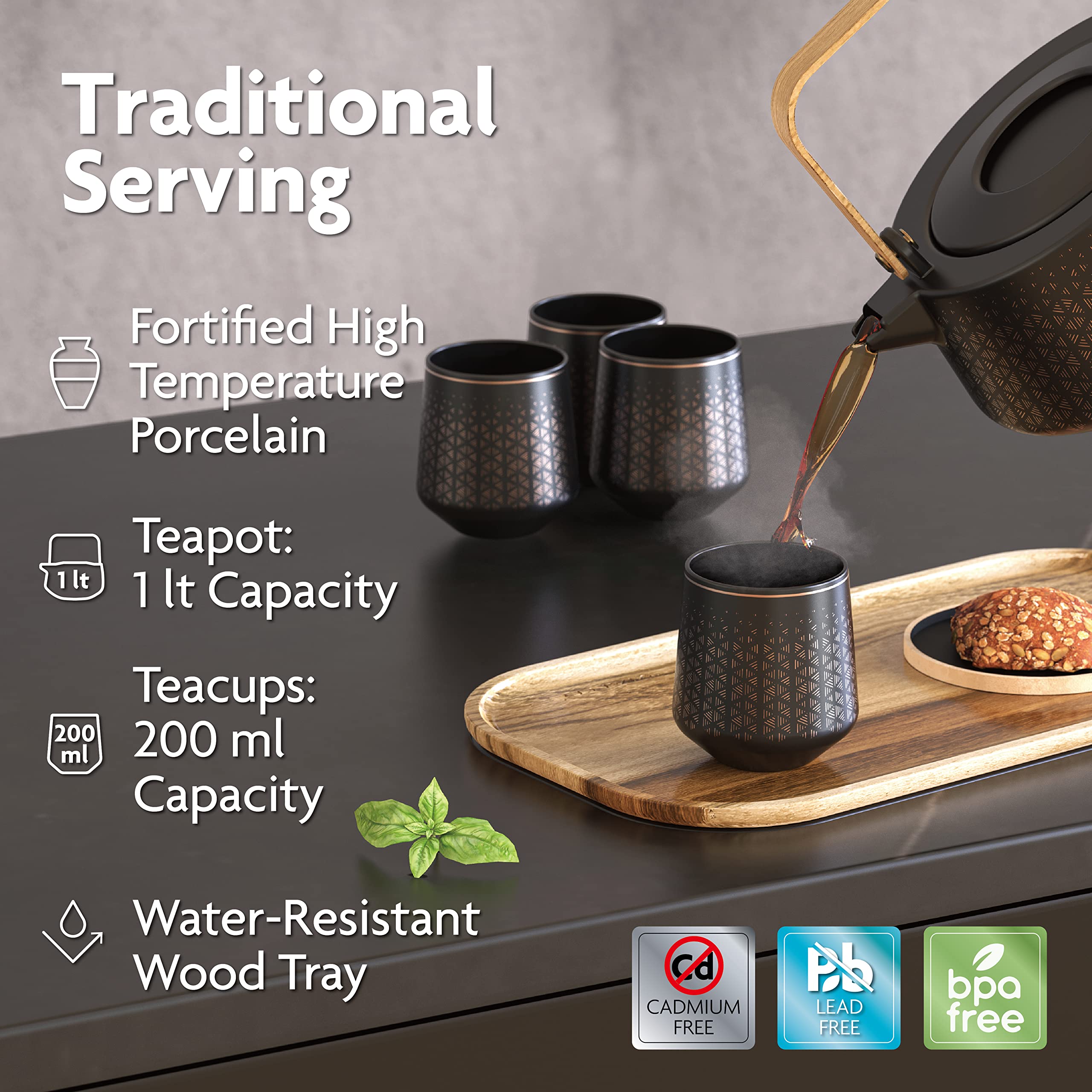 Vianté Luxury Tea Party Set. Complete with Automatic Tea Maker with Infuser for loose tea bags. Ceramic serving set. Tea pot/cup set and wooden tray. Excellent gift for tea lovers.