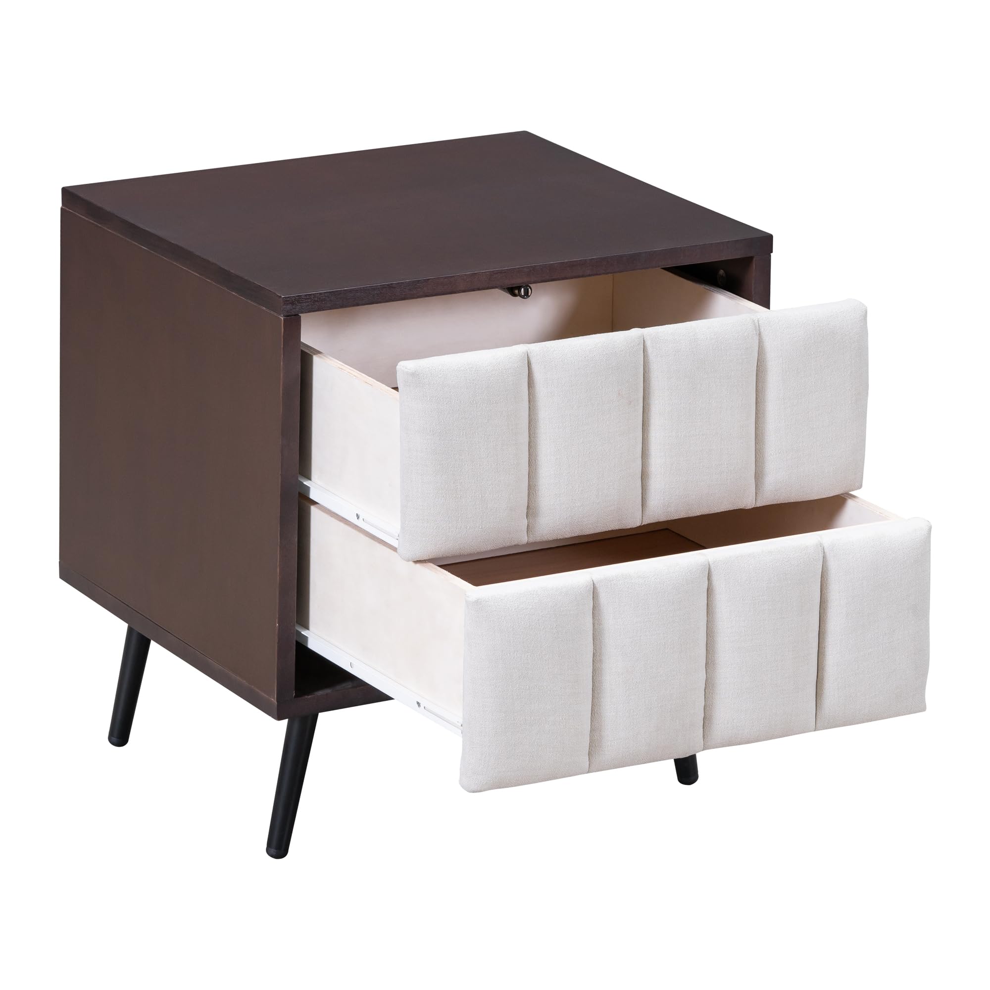 Modern Nightstand with 2 Drawers,Wood+Linen Bedside Table with Classic Design,Side Table for Bedroom,Living Room(Walnut+Beige)