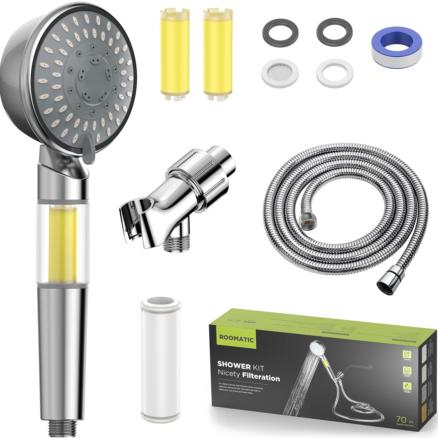 ROOMATIC Filtered Shower Head with Vitamin C, Shower Filter Remove Chlorine & Heavy Metals - Help Dry Skin & Hair Loss, High Pressure 5 Spray Mode Showerhead with 70" Hose & 2 Replacement Filters