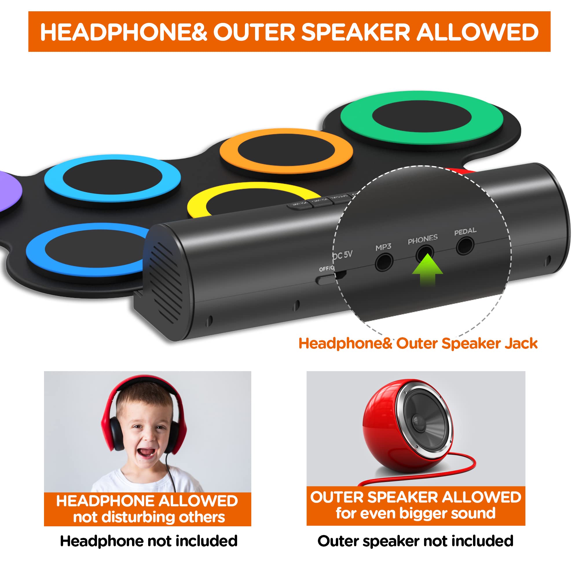 ORASANT Real-Effect Rechargeable Portable Electronic Drum Set, Multi-Functional Electric Drum Set, Volume Adjustable Built-in Speaker Foot Pedals Drum Sticks Headphone-Jack 10H Playtime, Birthday Gift