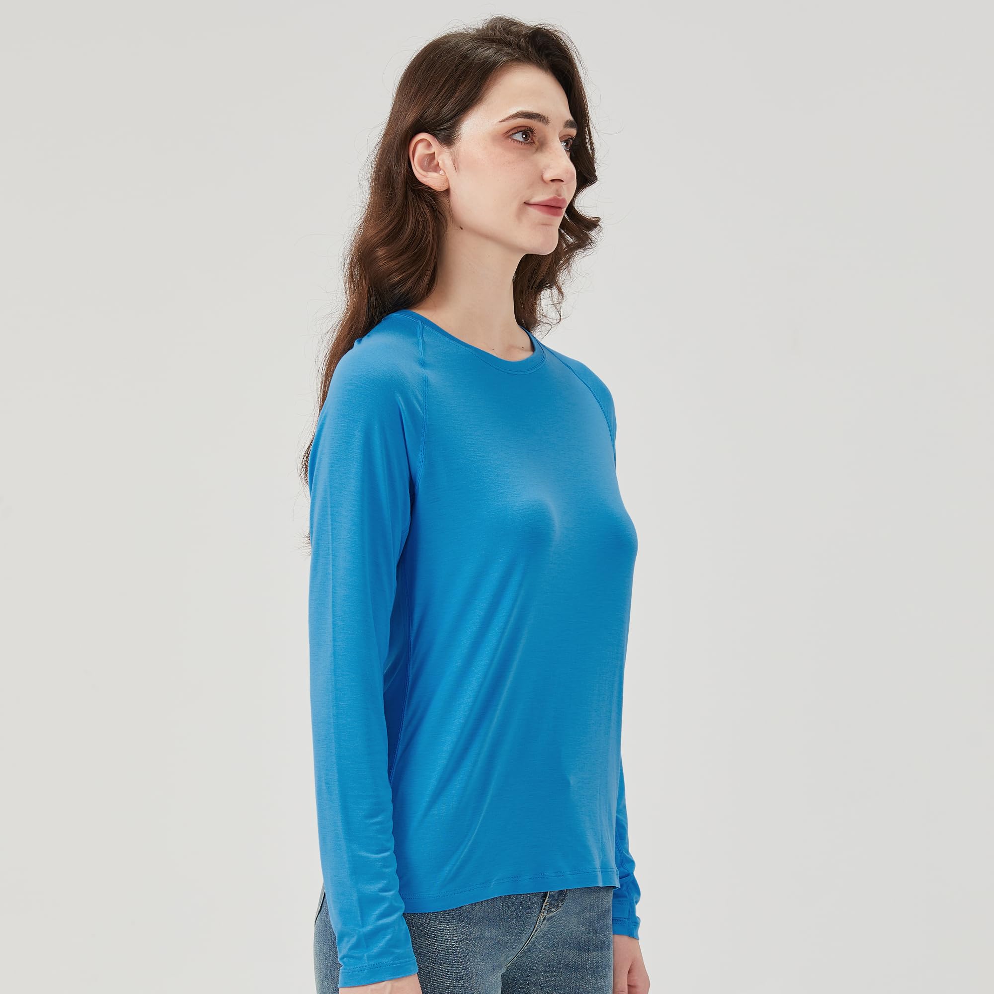 Women's Ultra Lightweight Bamboo Viscose Workout Shirt UPF 50+ Soft Outdoor Long Sleeve Hiking Tops with Thumbholes, Light Blue, X-Large