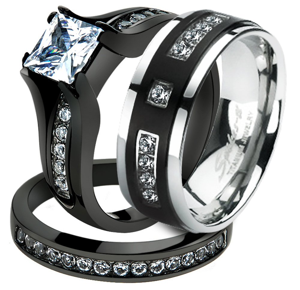 Marimor Jewelry His and Her Black Plated Stainless Steel Bridal Ring Set and Titanium Wedding Band Women's Size 06 Men's Size 08