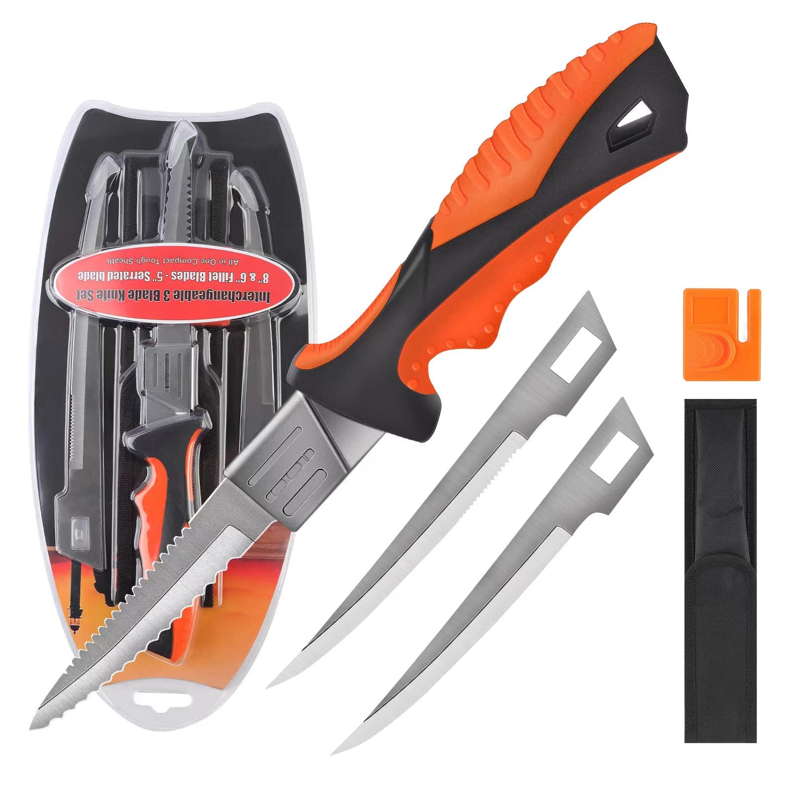 SYDZK Fishing Knife,Fishing Filet & Bait Knives, Interchangeable Blade Fillet Knife set,Includes 6", 8" Rounded Blades With 5" Serrations, Sharpener and Blade Nylon Storage Bag