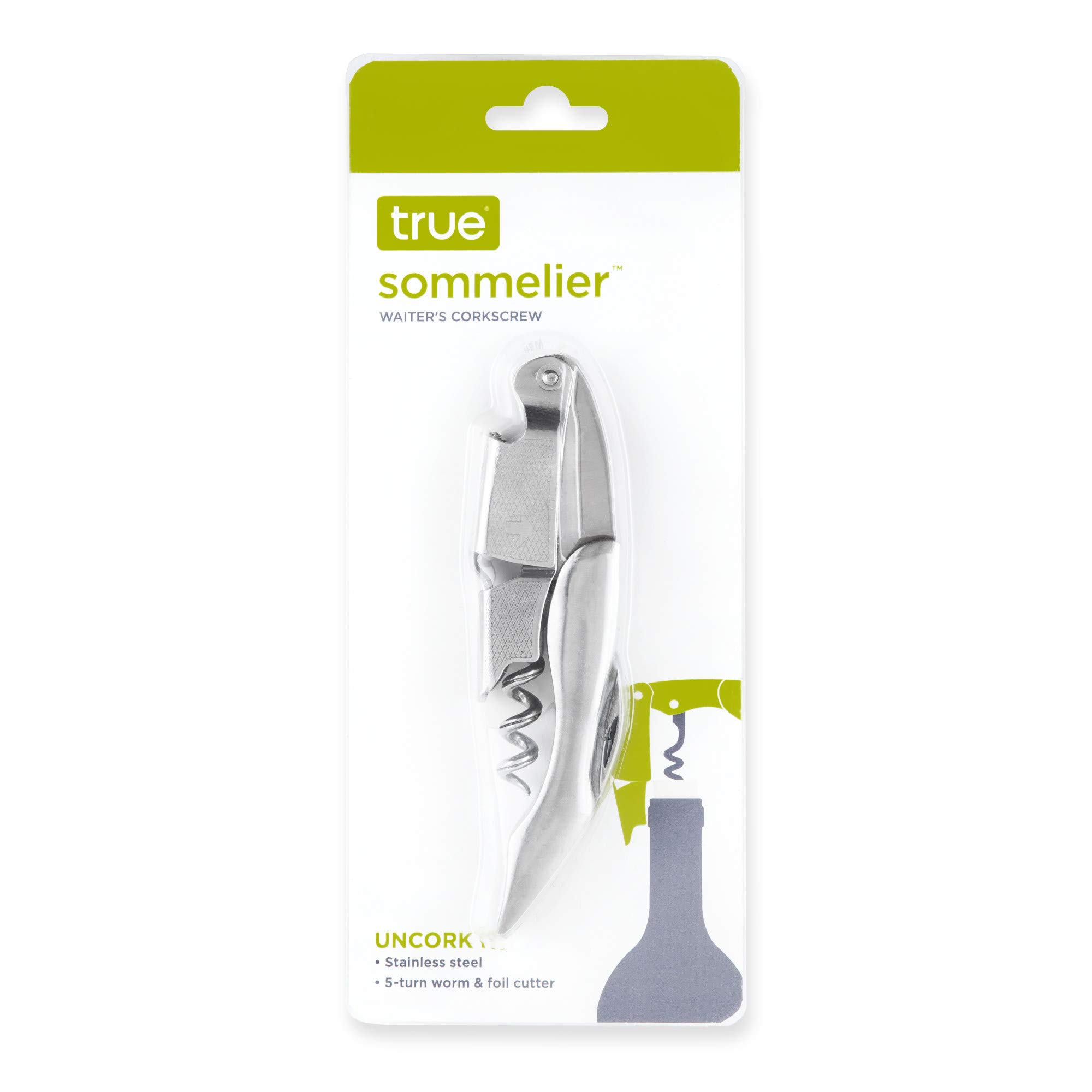 True Sommelier Waiter's Corkscrew - Professional Wine Bottle Opener, Wine Accessories, Gift for Wine Lovers, Stainless Steel - Set of 1, Silver