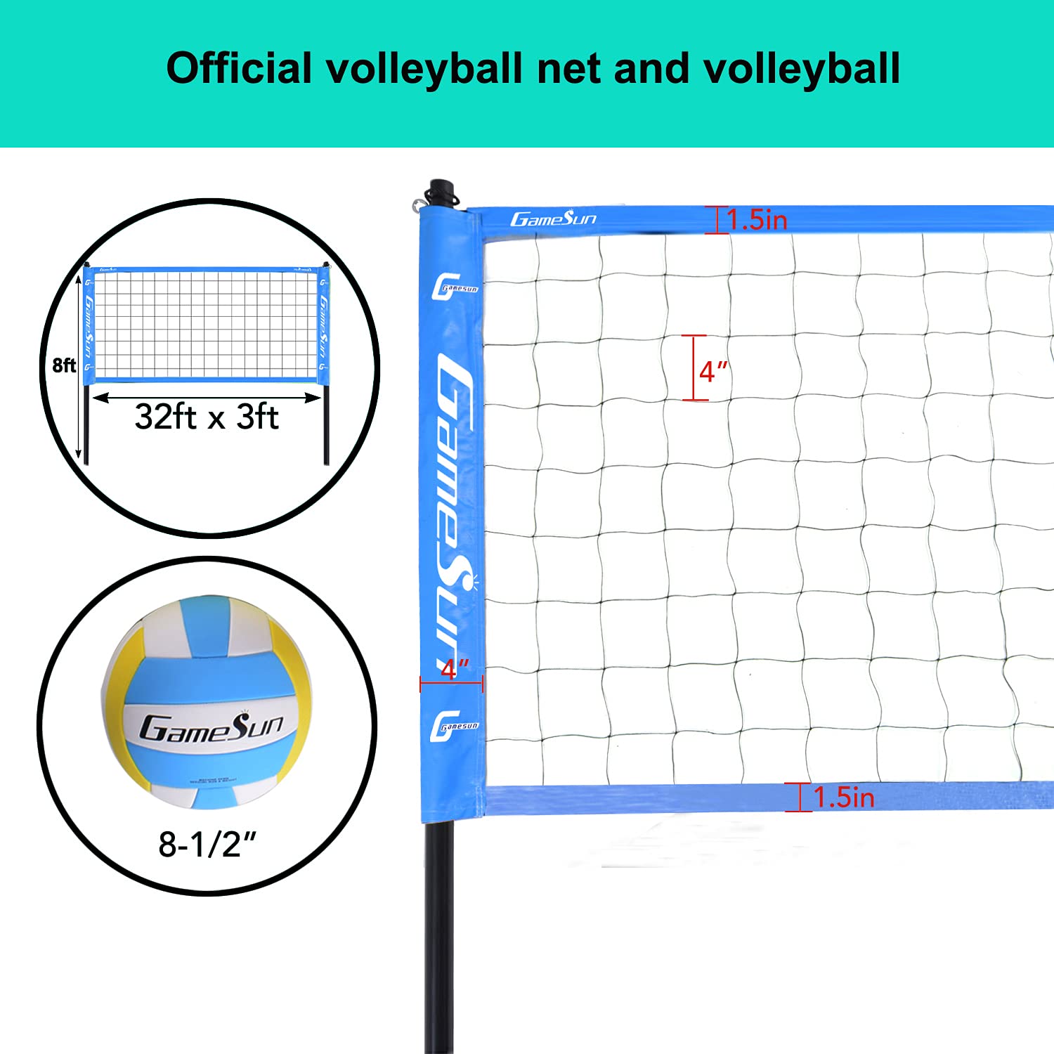 Portable Volleyball Net Set System-Portable Volleyball Set for Backyard with Professional Volleyball Net, Wrap Yarn Volleyball and Pump, Boundary Line, Carry Bag