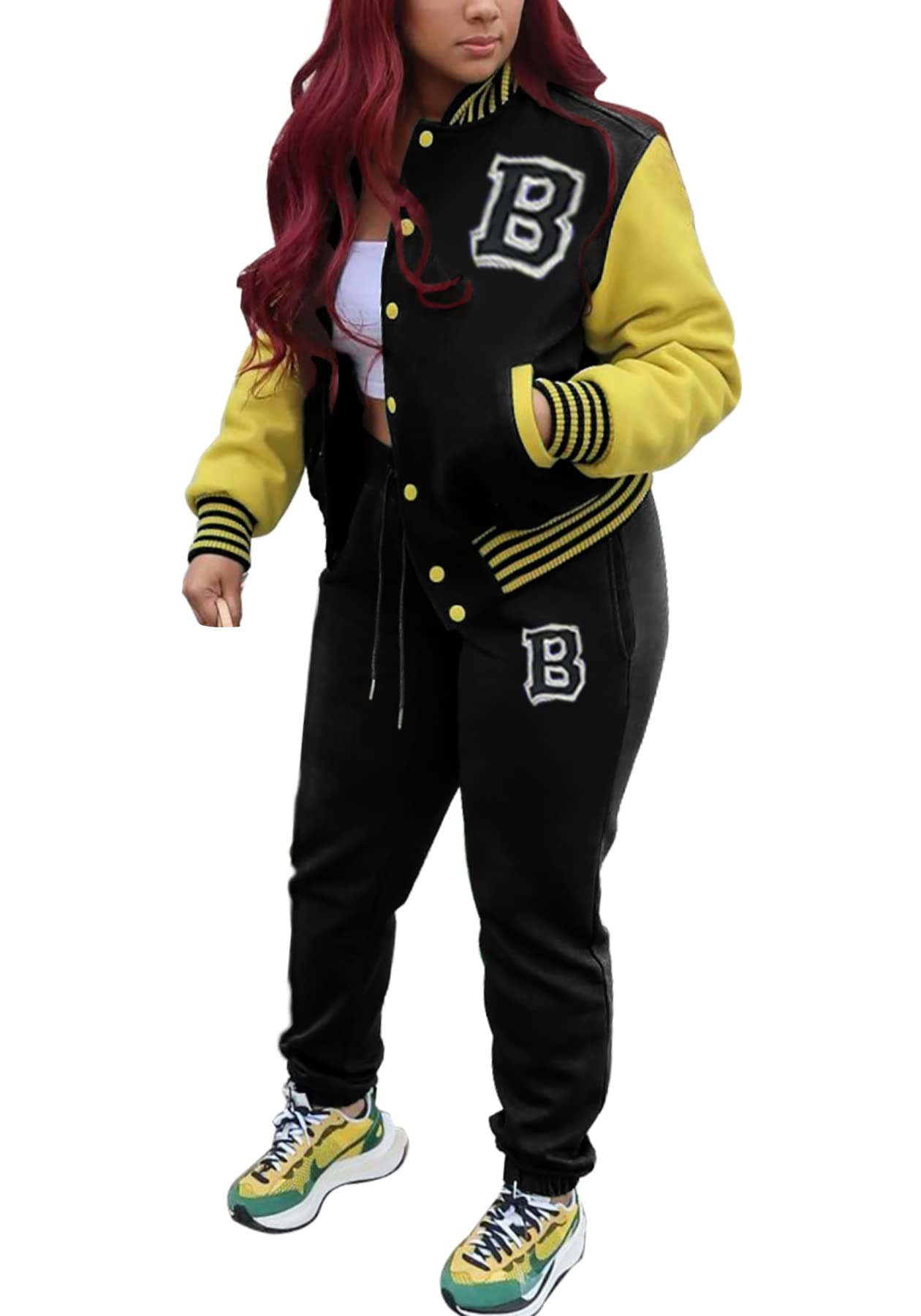 Symina Women's Two Piece Outfit Long Sleeve Jacket Long Pants Set Casual Suits Button Down Tracksuit Black, X-Large