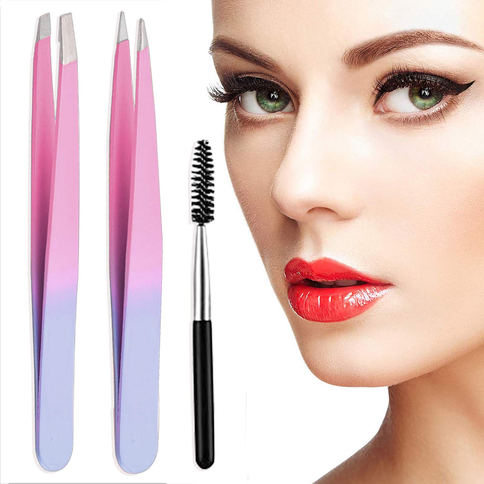 Precision Tweezers for Women - Professional Stainless Steel Tweezer Straight Pointed, Best Slant Tip Tweezers for Eyebrows and Splinter Removal.(2 Pack)