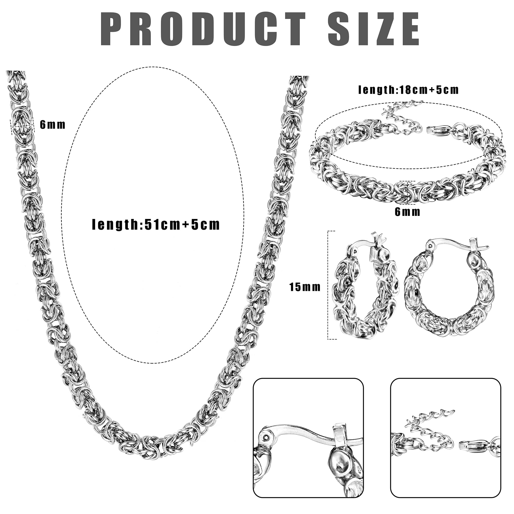 ORAZIO Stainless Steel Byzantine Chain Necklace Bracelet Earrings for Women Jewelry Set