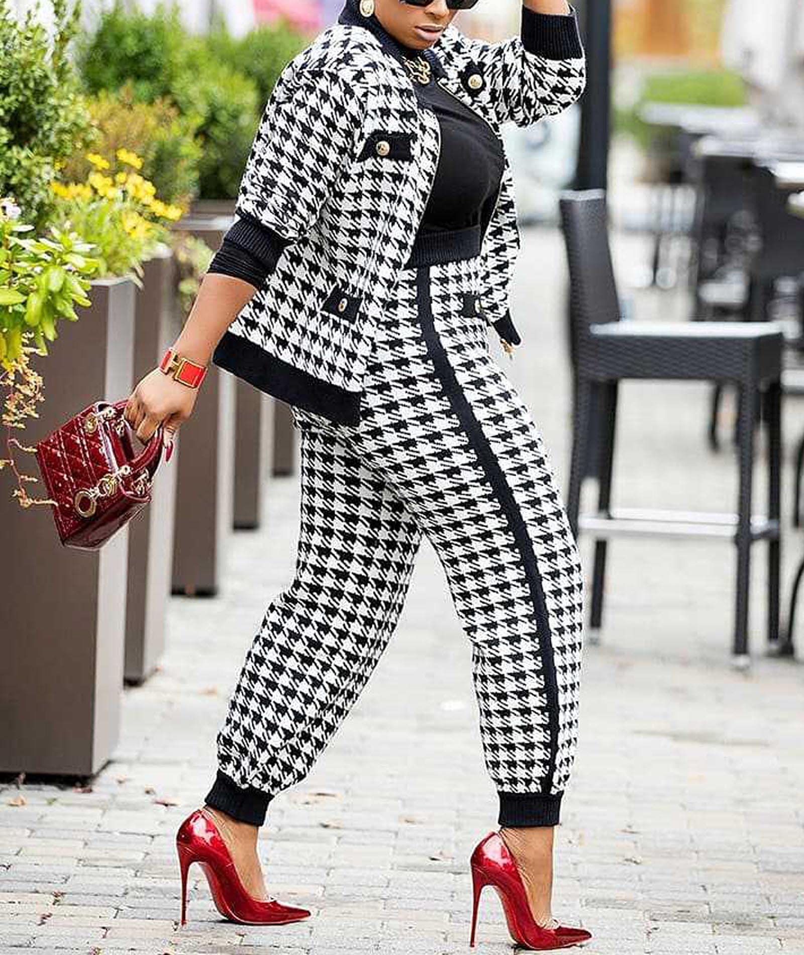 SOMTHRON Women’s Houndstooth Print 2 Piece Outfit Zip Up Long Sleeve Jacket Elastic High Waist Long Pants Set Work Suits Tracksuit BL-L