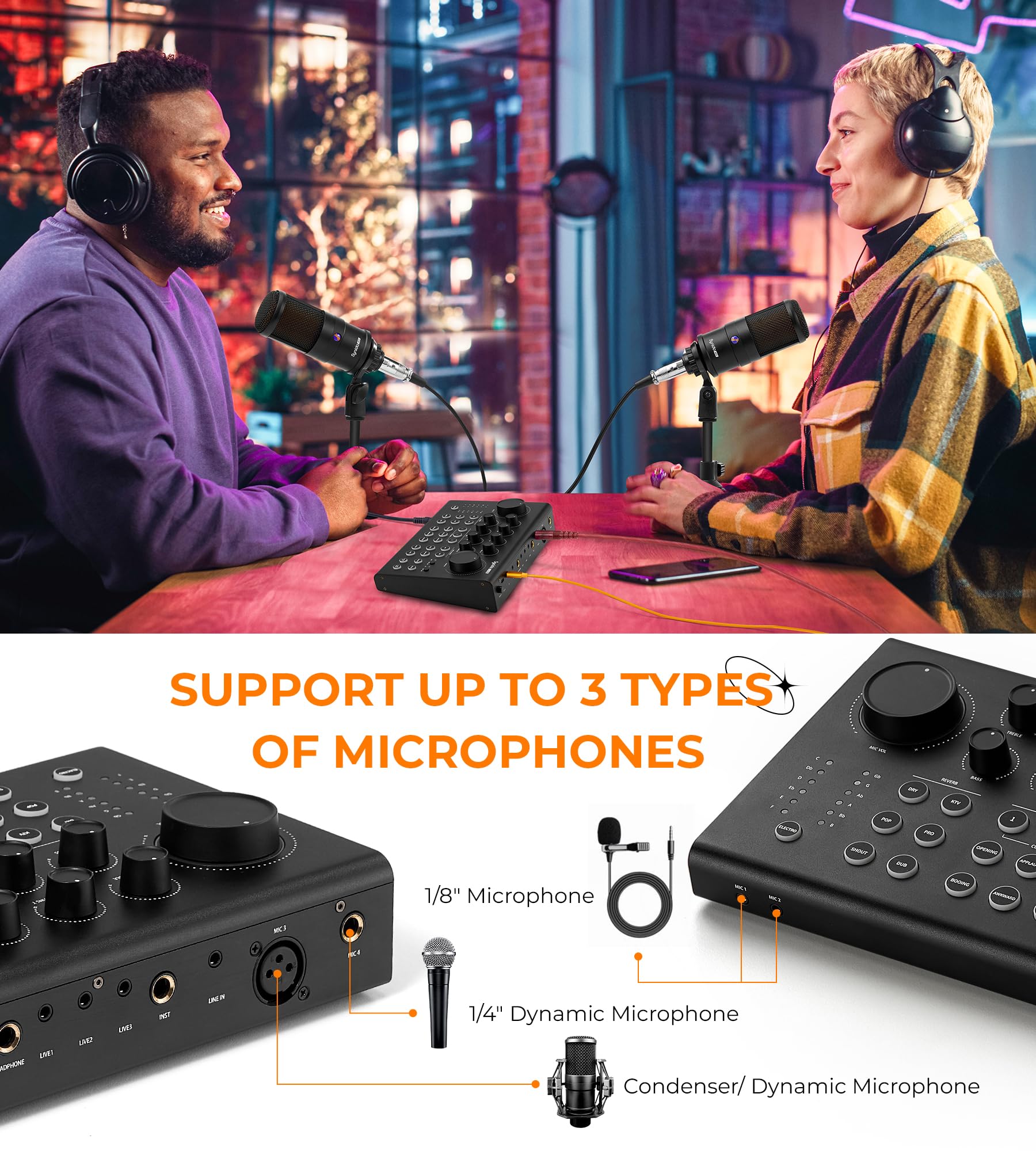 Synido Podcast Equipment Bundle All-in-One Live Sound Card Podcast Production Studio Audio Interface with 48V Phantom Power, Condenser Microphone for Live Streaming, Guitar, Voice Over, PC, Black
