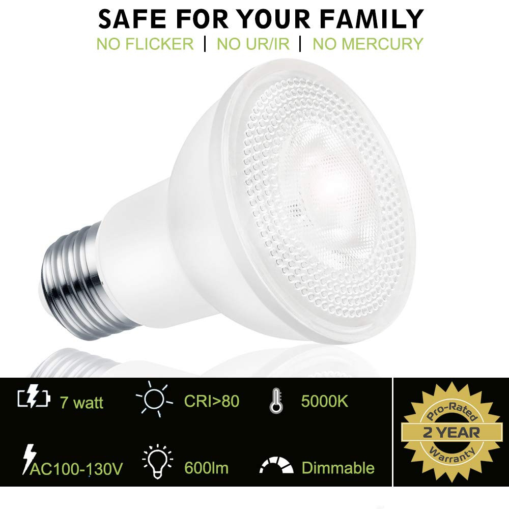 PAR20 LED Flood Dimmable Spot Light, 5000K Daylight White, 7W(60W Halogen Equivalent) 600LM, 40 Degree, E26 Track Lighting Bulbs 4 Pack