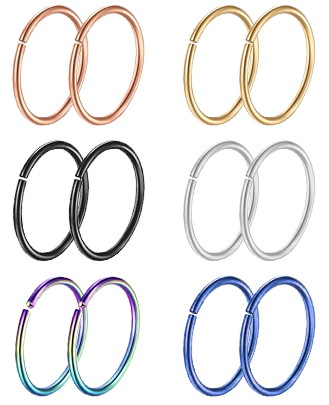 Masedy 12Pcs 20G 316L Stainless Steel Nose Rings Hoop Tragus Cartilage Septum Ring Lip Piercing 10MM