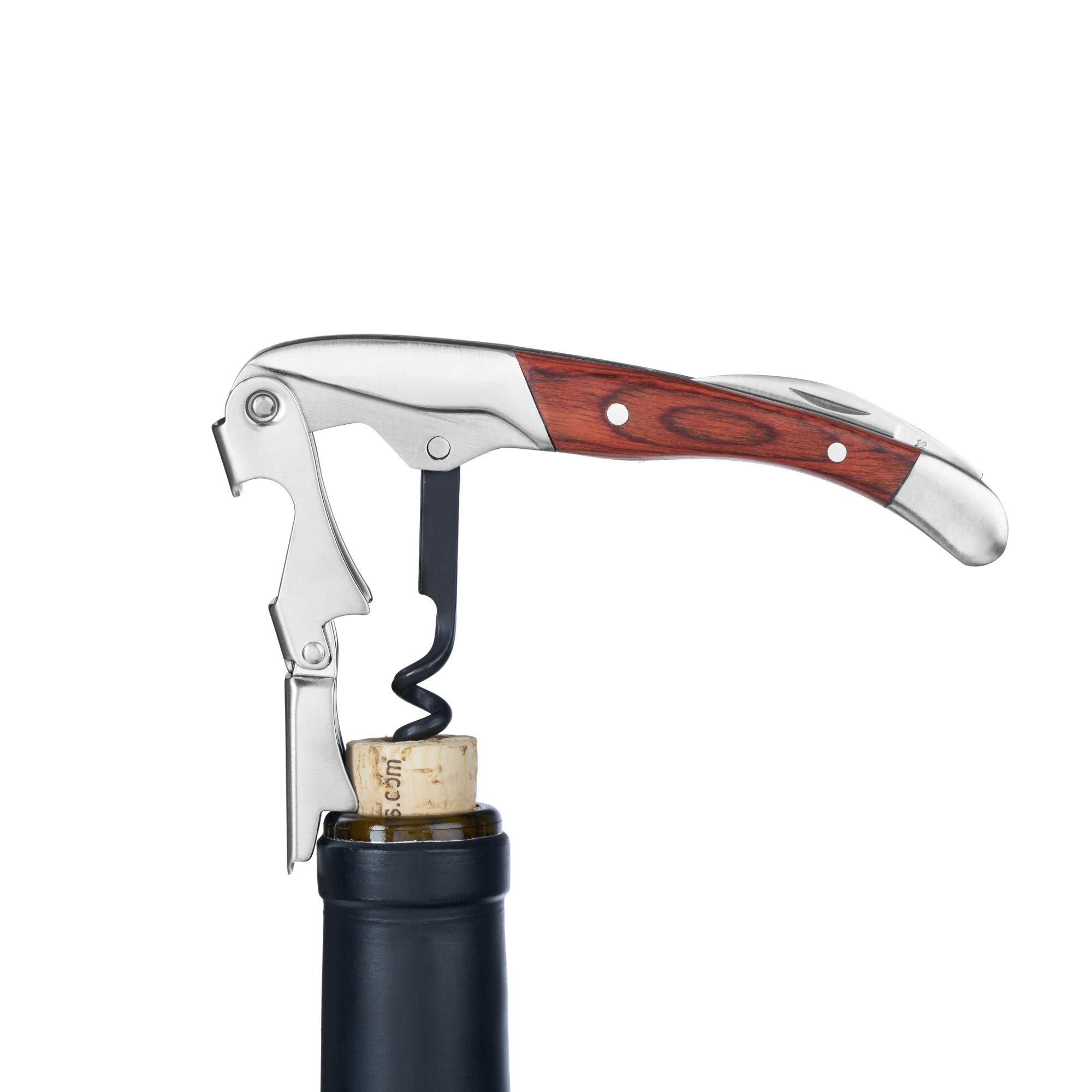 True Wood Handle Double Hinged Waiter’s Corkscrew, Stainless Steel Wine Key with Foil Cutter