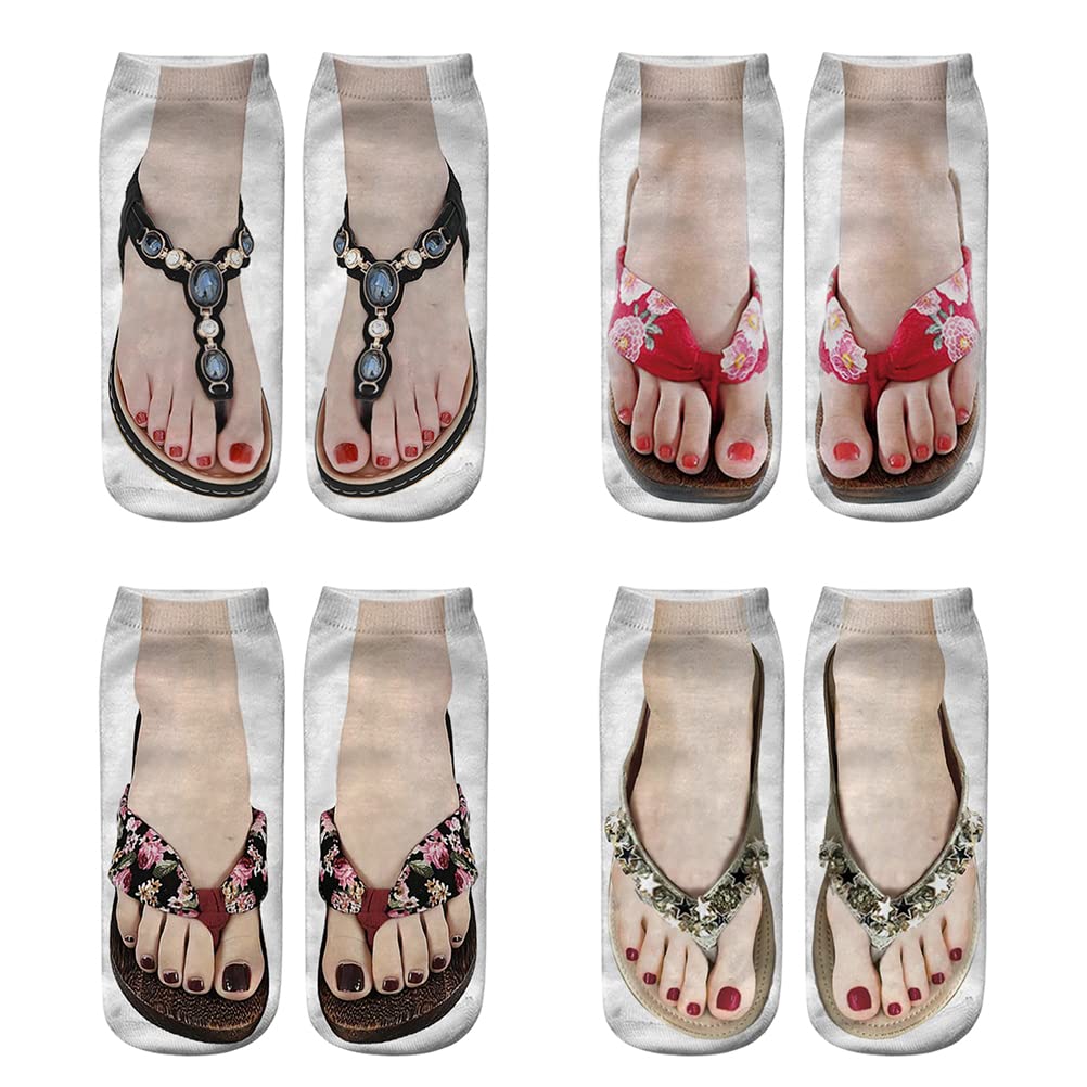 Syrisora 4 Pairs Funny Flip Flop Socks - Manicure Print Socks 3D Pattern Socks Sandal Printed Socks Low Cut Ankle Socks Running Yoga Socks (B)