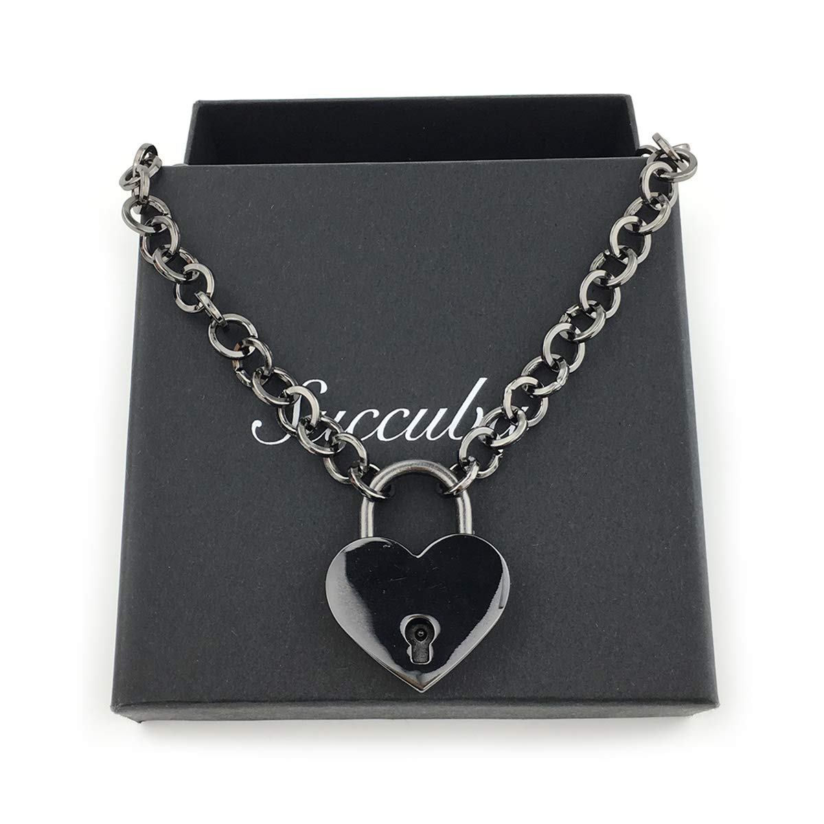 Succuba Padlock Necklace Chain Collar Choker with Two Keys and Box for Women and Men (B, 16)