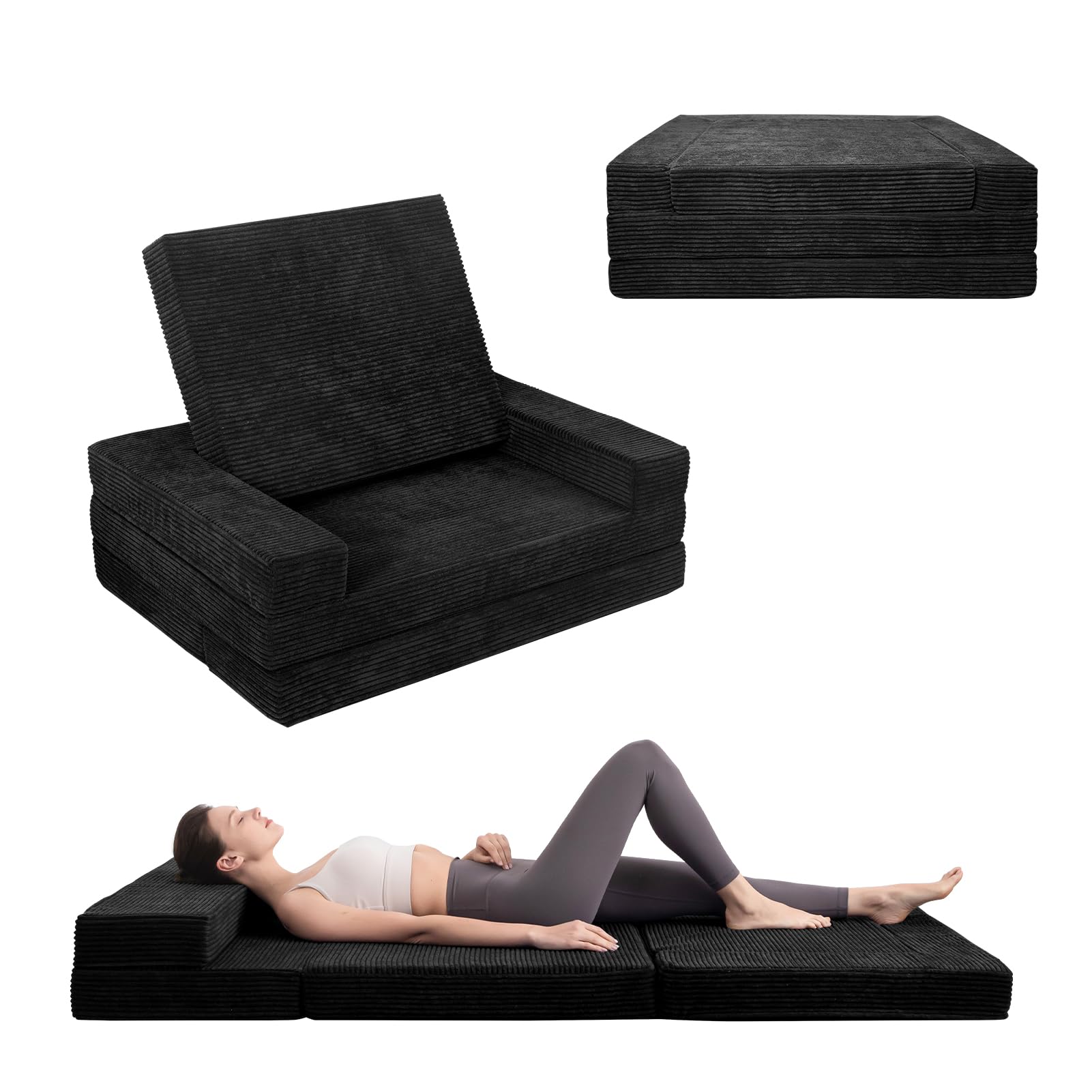 MAXYOYO Folding Sofa Bed, Portable Chair Bed Floor Mattress, Foldable Sleeper Sofa Floor Couch Futon Mattress for Guest Room, Camping, Road Trip, Black, Twin, 83x38 Inch