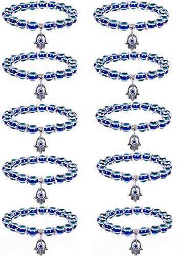 SONNYX 10 PCS Evil Eye Hamsa Blue Beaded Charm Stretch Bracelet Hand of Fatima Turkish Lucky Evil Eye Bracelet for Protection and Blessing 8MM 10MM