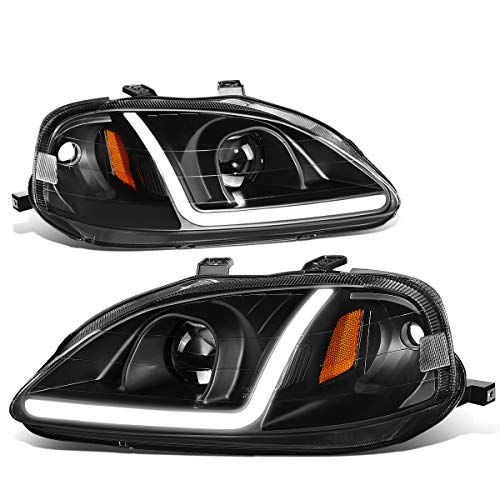 Pair LED DRL Black Housing Clear Corner Projector Headlight Lamps Compatible with Honda Civic 99-00