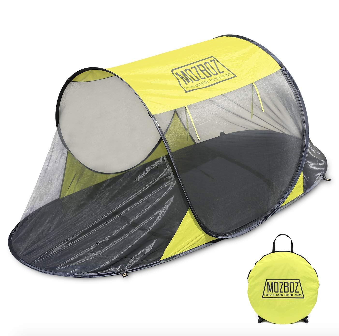 MozBoz One Person Pop Up Mosquito Tent - Free-Standing Bug, Insect Net for Camping, Beach, Hiking - Foldable, Breathable, Compact Mesh Pod - Heavy-Duty Tarp Floor; Storage Bag