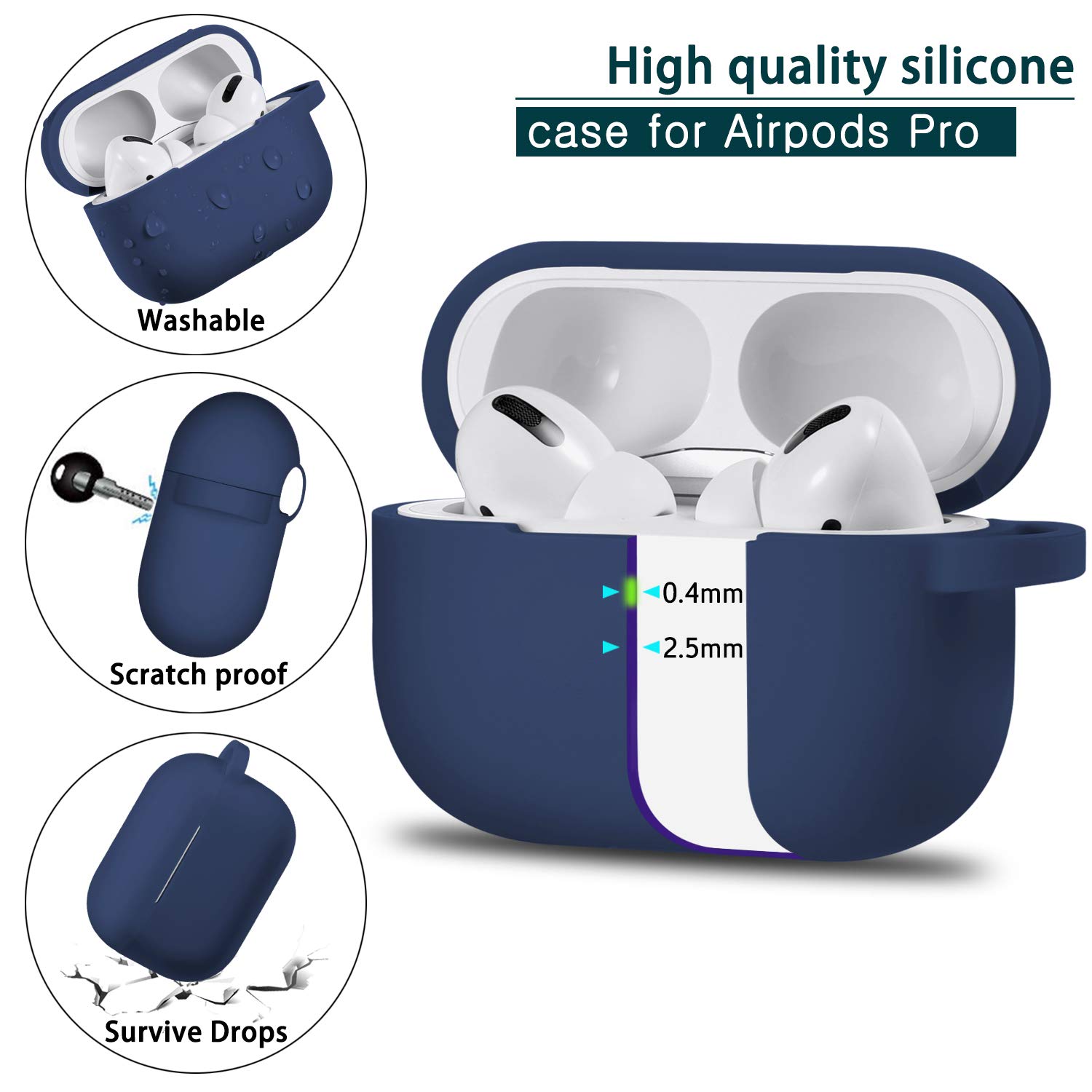 R-fun AirPods Pro Case Cover with Keychain, Full Protective Silicone AirPods Skin Cover for Women Men with Apple 2019 Latest AirPods Pro Case, Front LED Visible-Midnight Blue
