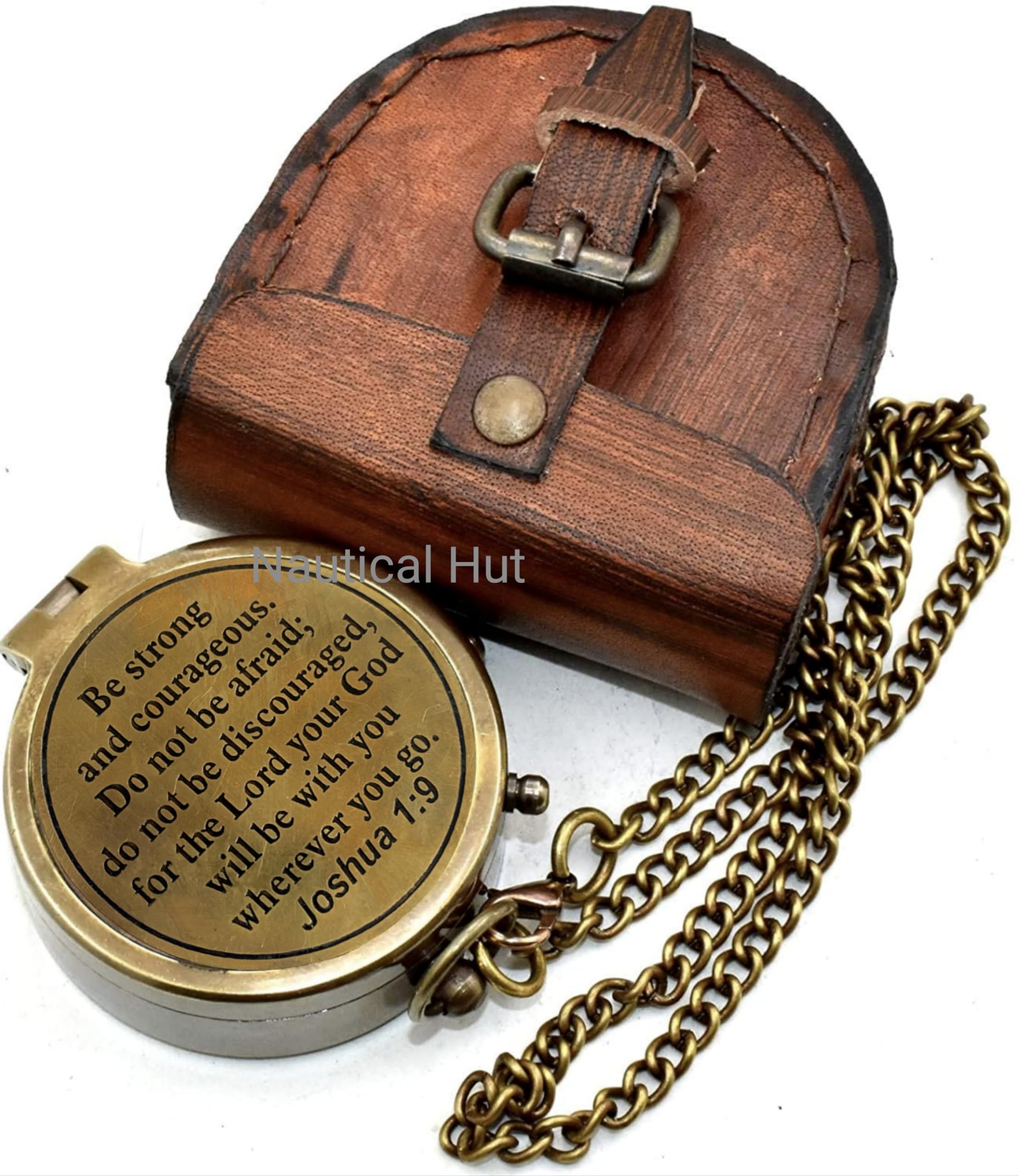 Nautical Hut Compass Your Tommy Your Tubbo Brass Pocket Compass with Leather Carry Case, Compass with Chain, Pirates Compass, Engravable Gift Compass, Camping Compass
