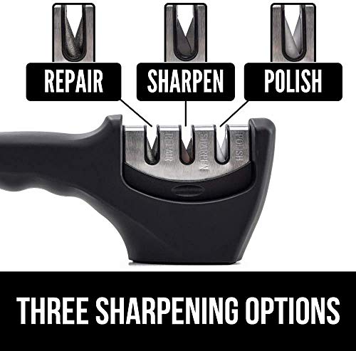 Premium Knife Sharpener, Professional Kitchen Chef 3 Slot Design, Easy Sharpening, Slip Resistant Grip, Safely Sharpen Knives, Restore Dull Knife for A Sharp Edge, Jet Black