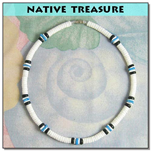 Native Treasure 15 inch Little Kid's White Clam Heishe Puka Shell Necklace Blue Chip 2 Black Coco Surfer Beach Necklace - 8mm (5/16")