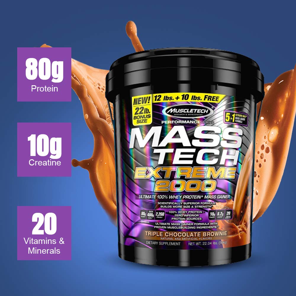 Mass Gainer Protein Powder | MuscleTech Mass-Tech Extreme 2000 | Muscle Builder Whey Protein Powder | Protein + Creatine + Carbs | Max-Protein Weight Gainer for Women & Men | Chocolate, 22 lbs