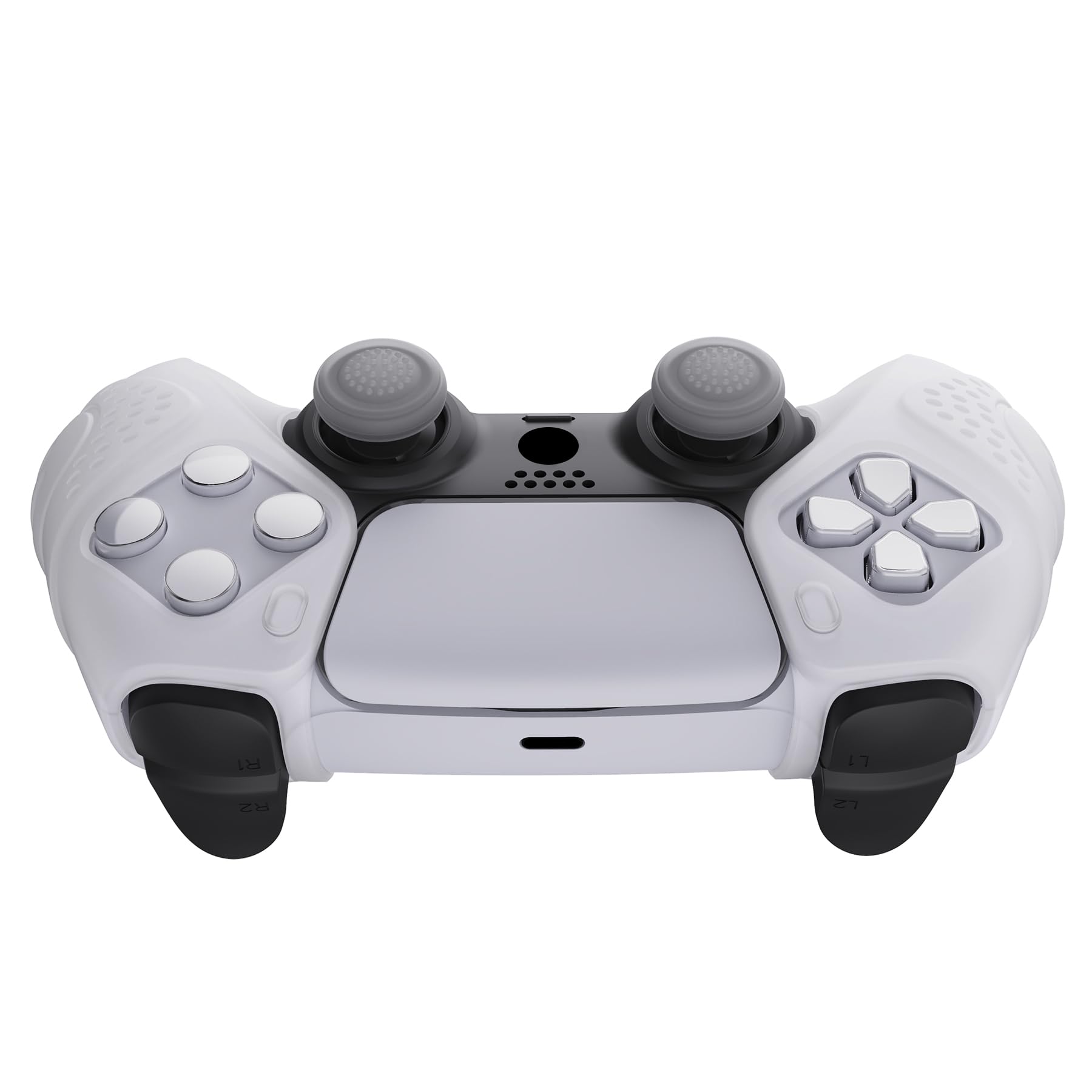 PlayVital Guardian Edition Ergonomic Soft Controller Silicone Case Grips for ps5 Compatible with Charging Station Rubber Protector Skins with Thumbstick Caps for ps5 Controller - Clear White