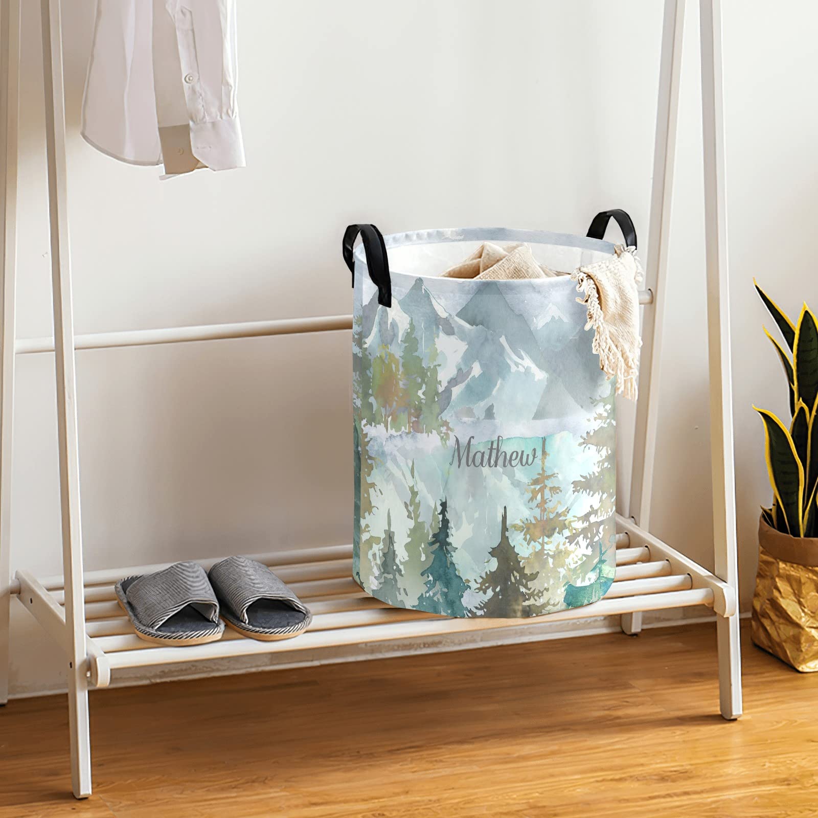 Woodland Pine Trees Mountain Personalized Laundry Basket ,Custom Foldable Storage Bins Laundry Hamper for Nursery Pet Toys Clothes