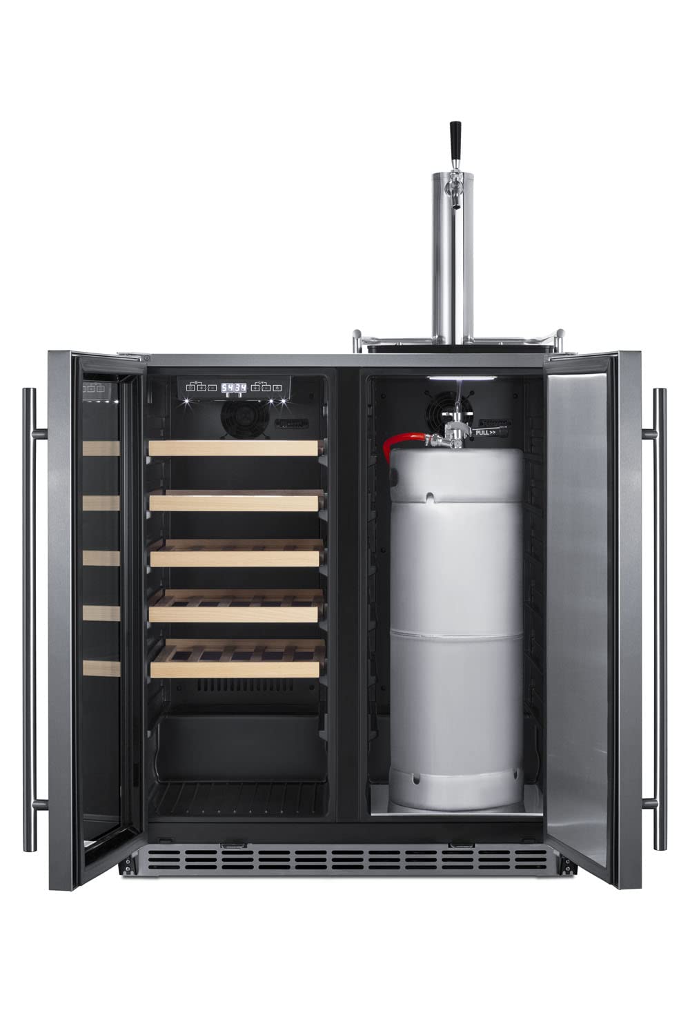 Summit Appliance SWBC3041 30" Wide Built-in Undercounter Indoor/Outdoor Combination Dual Zone Wine Cellar/Kegerator with Tapping Equipment, Digital Thermostat, Adjustable Shelving, Beer Dispenser