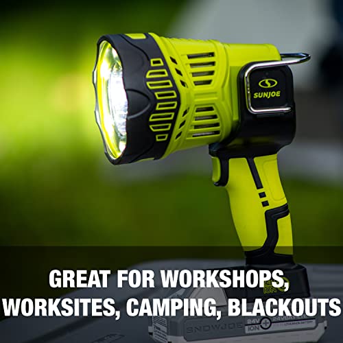 Sun Joe 24V-1500FL-CT 24V IONMAX Cordless 1500-Max Lumen LED Handheld Flashlight/Spotlight/Floodlight, 700-Yard Illumination, 90-Degree Pivot Head, Belt Hook, Tool Only, Green