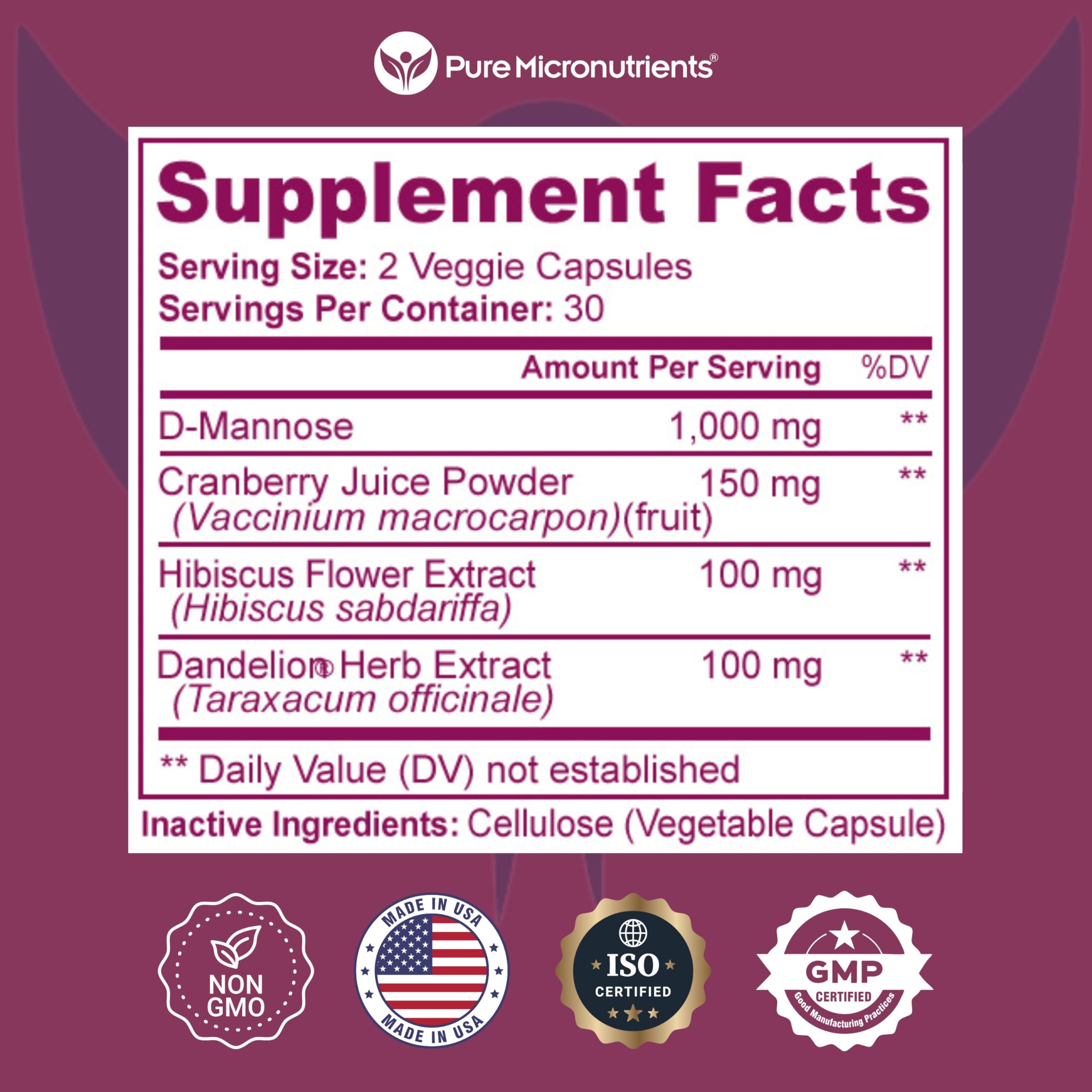 Pure D Mannose Capsules 1000mg - Fast Acting UTI Support - Urinary Tract Cleanse & Bladder Health - Cranberry, D-Mannose, Dandelion, Hibiscus Flower - 60 Veggie Caps