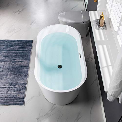 WOODBRIDGE 59" Acrylic Freestanding Bathtub Contemporary Soaking White Tub with Matte Black Overflow and Drain,B0014-MB-Drain &O